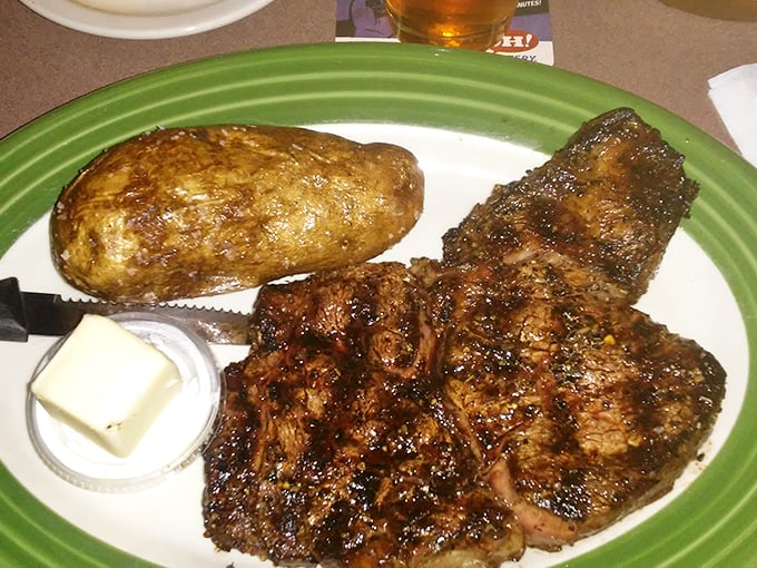 Behold the star of the show: a perfectly charred ribeye that doesn't need fancy plating to announce its magnificence. That sear speaks volumes about what matters here.
