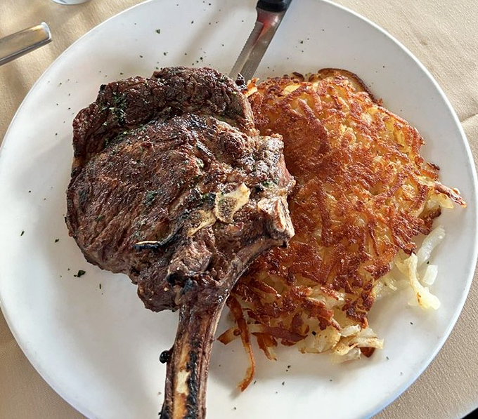 Behold the bone-in ribeye with golden hash browns&mdash;a duo so perfect they should tour together like Simon and Garfunkel.