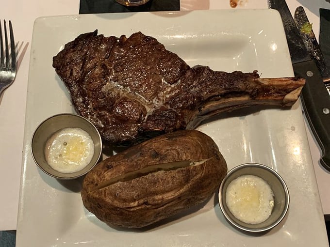 This bone-in ribeye isn't just a steak; it's a primal experience with a perfect char that whispers, "Civilization is wonderful, but sometimes teeth were made for tearing."