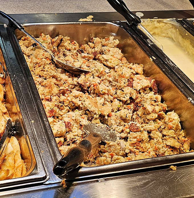 This isn't your sad cafeteria stuffing&mdash;this is Amish country dressing that your grandmother would approve of, chunks of bread and seasoning waiting for their gravy bath.