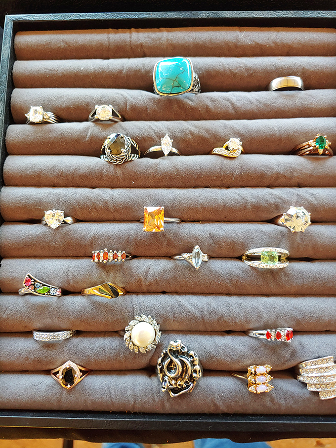 Glittering possibilities in every tray. These vintage rings aren't just jewelry; they're tiny time machines, each with secrets from decades past waiting to be worn again.