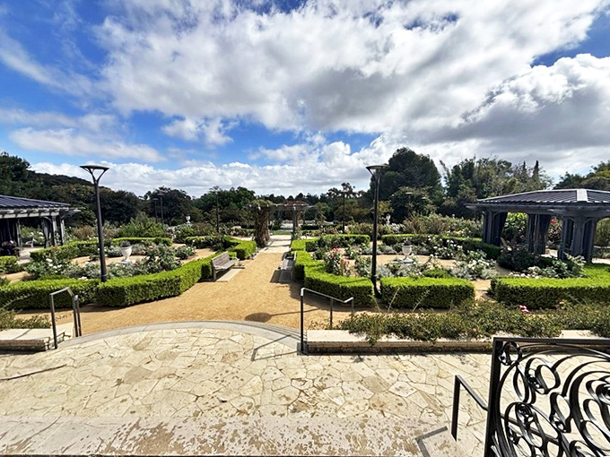 Formal yet inviting, the Rose Garden's geometric precision creates a perfect backdrop for nature's most romantic flower to show off its countless varieties.