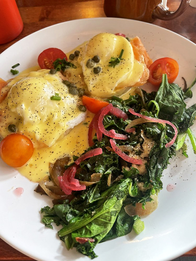 Behold the legendary Smoked Salmon Benedict&mdash;where Norwegian salmon, pickled onions, and capers perform a synchronized swimming routine in hollandaise.