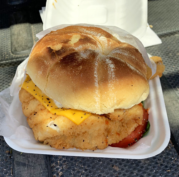 This isn't just a sandwich; it's edible architecture&mdash;golden-battered fish, fresh tomato, and cheese on a perfectly toasted bun. Michelangelo sculpted in bread and fish.