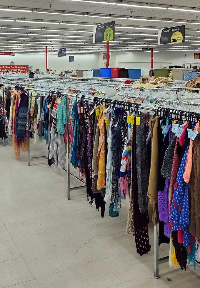 Colorful scarves hang like silk rainbows, each one carrying stories from closets of yesteryear. 