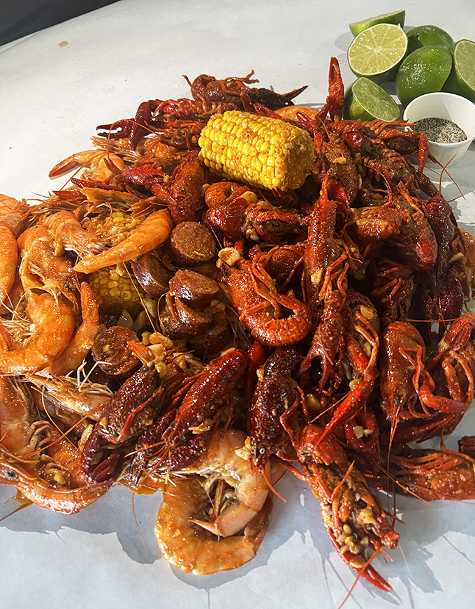 This glorious heap of crawfish, shrimp, corn, and sausage looks like Louisiana decided to vacation in Nevada permanently.