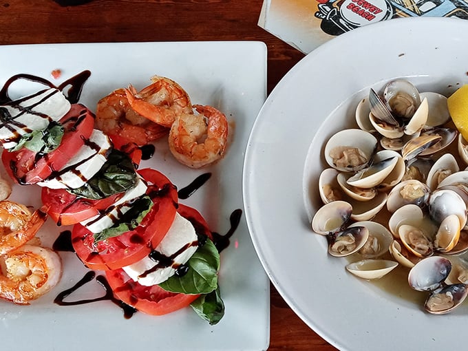 A caprese salad with plump shrimp alongside steamed clams in broth&mdash;proof that sometimes the ocean's simplest gifts make the most memorable meals.