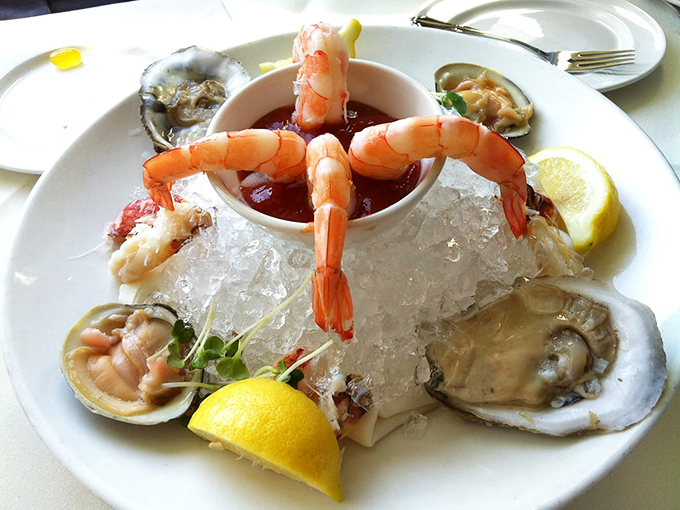 Ocean's greatest hits on ice! Plump shrimp stand at attention around cocktail sauce while oysters wait patiently for their moment of glory.