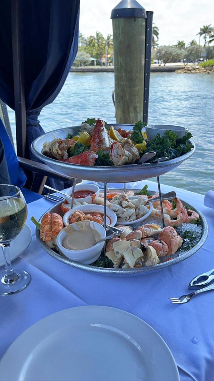 This seafood tower isn't just a meal—it's an edible sculpture that makes neighboring diners develop a sudden case of order envy. Worth every double-take.