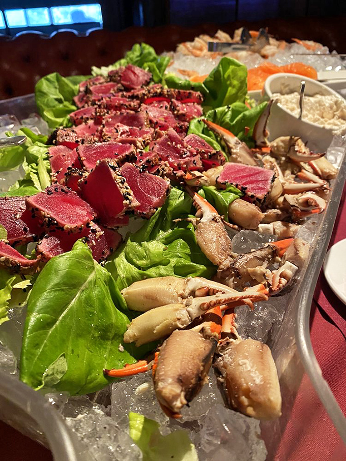 Seared tuna and stone crab claws nestled on ice – Neptune's jewelry box opened for Sunday brunch indulgence.