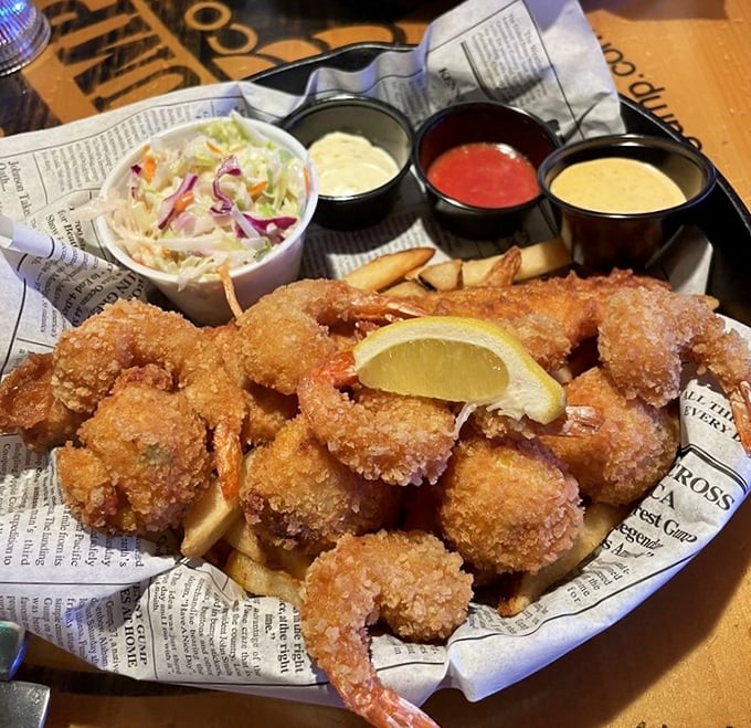 Golden-fried shrimp nestled on newspaper&mdash;because sometimes the best seafood comes with ink on your fingers and joy in your heart.