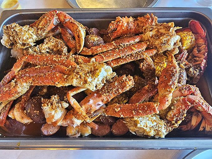 Snow crab legs sprawled across the tray like the aftermath of a delicious sea monster battle. Victory never tasted so sweet.
