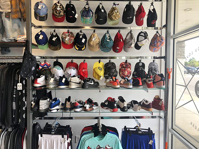 Sneakerheads and hat collectors, rejoice! This display wall showcases pre-loved footwear and headgear that lets you step up your style game affordably.
