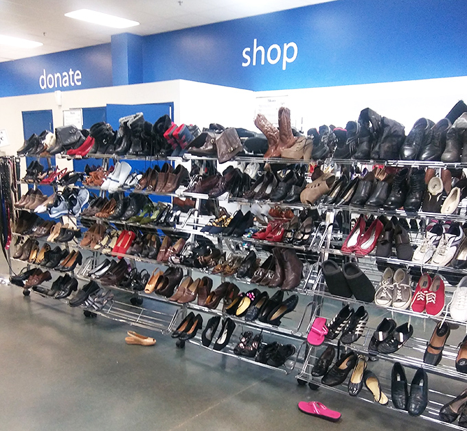 Shoe heaven or footwear museum? Rows of gently-used boots, heels, and sneakers await their second dance, each with stories from previous adventures.