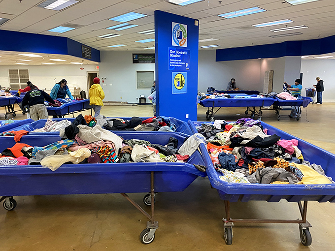 Organized chaos at its finest. The Goodwill Outlet floor resembles a friendly battlefield where bargain hunters strategize their approach to each new bin arrival.