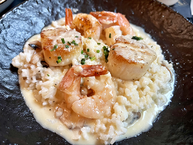 Shrimp and grits that would make a Southerner weep with joy. Those plump shrimp nestled in creamy perfection are what comfort food dreams are made of. 