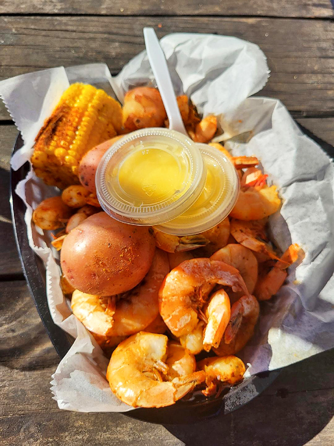Seafood doesn't get fresher than this: plump shrimp, seasoned potatoes, and sweet corn served in unpretentious paper. Just add sunshine and appetite.