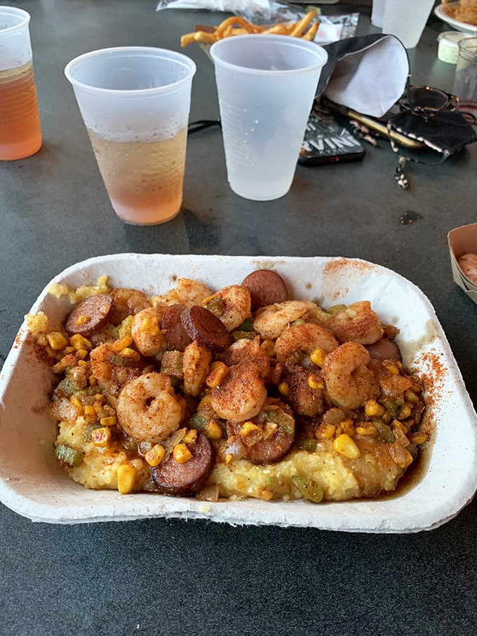 Shrimp and grits that would make your Southern grandmother weep with joy. Those plump shrimp lounging on creamy grits are having their final, most glorious moment.