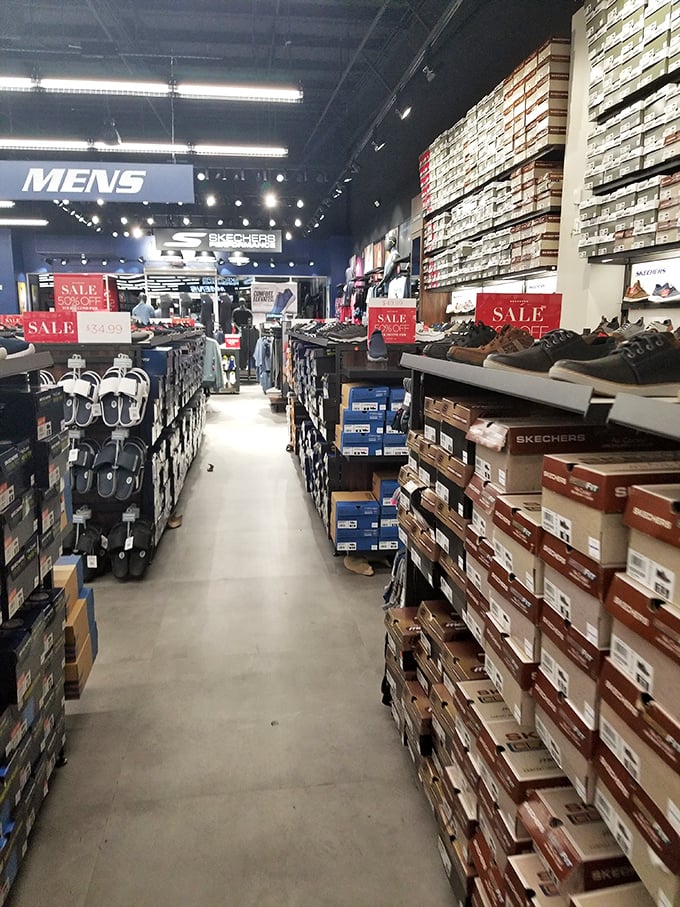 Shoe paradise awaits at Skechers, where towers of boxes create canyons of comfort and style for every foot size and budget.