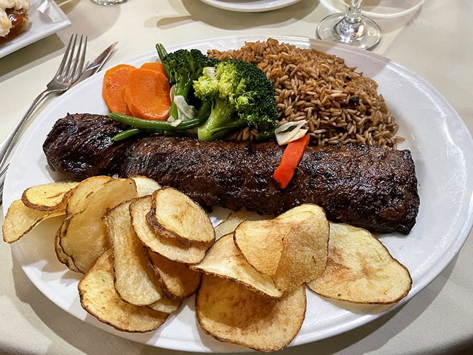 Skirt steak that doesn't skimp on the sides. This plate proves vegetables can coexist peacefully with meat, though they know who the real star is.