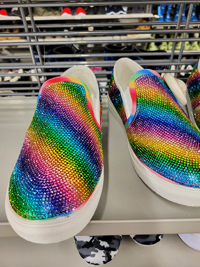 Cinderella never had it so good! These rainbow-bedazzled slip-ons prove fashion statements don't require fashion statement prices.
