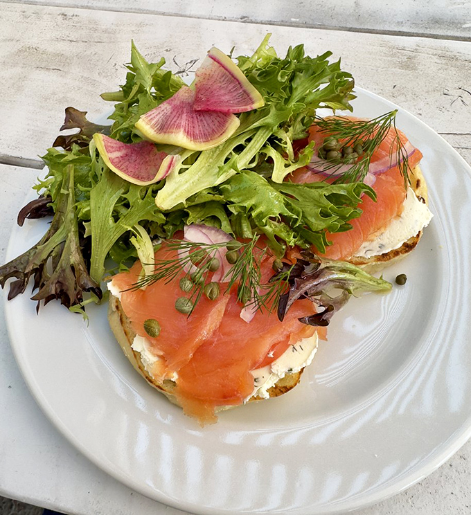 Smoked salmon perfection: silky orange slices nestled on cream cheese with vibrant greens and watermelon radish. A breakfast that's dressed better than most people.