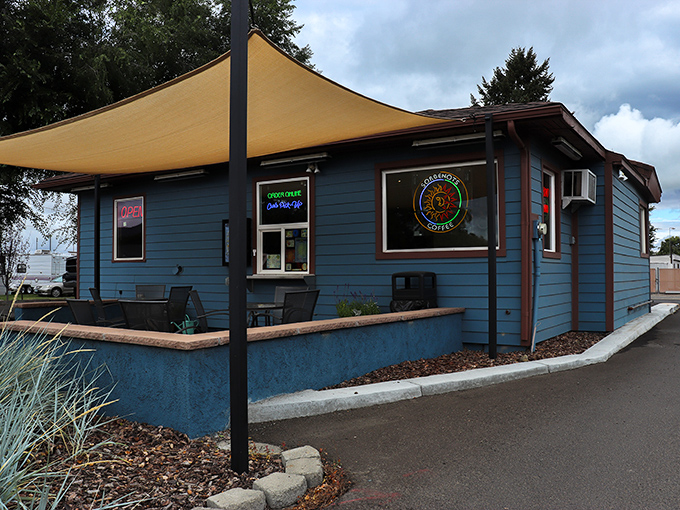 Coffee culture thrives even in affordable small towns! This cozy blue caf&eacute; promises morning salvation without metropolitan markup.