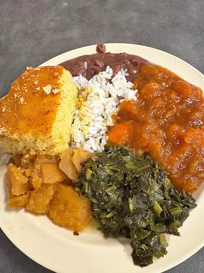 Southern cooking isn't just food&mdash;it's a color palette. Golden cornbread, emerald collards, and ruby-hued stewed apples create a plate that's as beautiful as it is delicious.