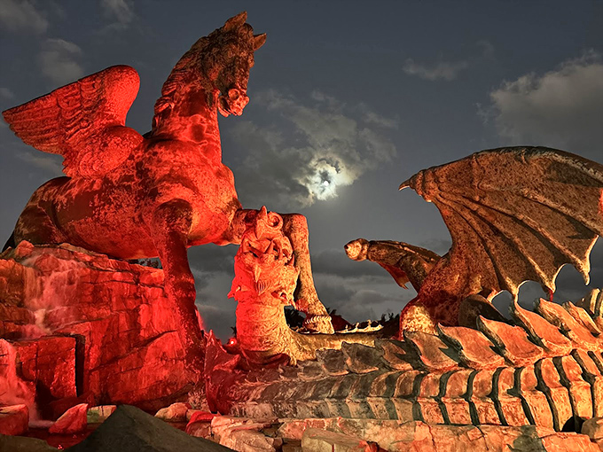 As night falls, dramatic red lighting transforms the statue into something straight out of Game of Thrones&mdash;minus the disappointing final season.