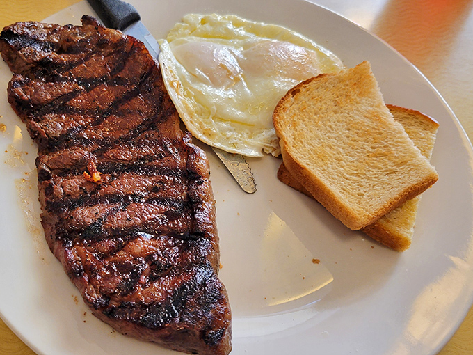 The steak and eggs arrive like the headliners of a rock concert&mdash;perfectly seared meat alongside sunny companions.