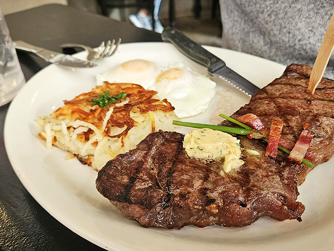 Steak and eggs: where a perfectly seared cut meets golden hash browns and eggs. The holy trinity of breakfast indulgence.