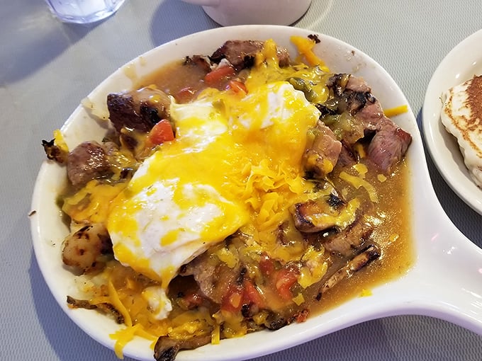 The kind of breakfast that makes you cancel lunch plans. Steak and eggs elevated by chile sauce that should be bottled and sold nationwide.