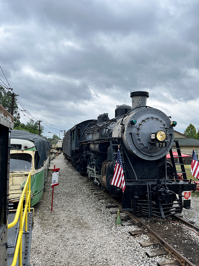Engine 578's imposing silhouette commands respect&mdash;a steel behemoth that once conquered the rails with thunderous determination.
