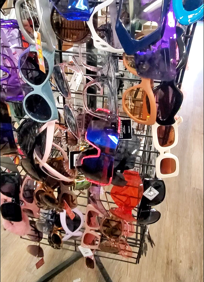 Sunglasses galore! Channel your inner Audrey Hepburn or Jack Nicholson without the Hollywood price tag at this colorful eyewear display.
