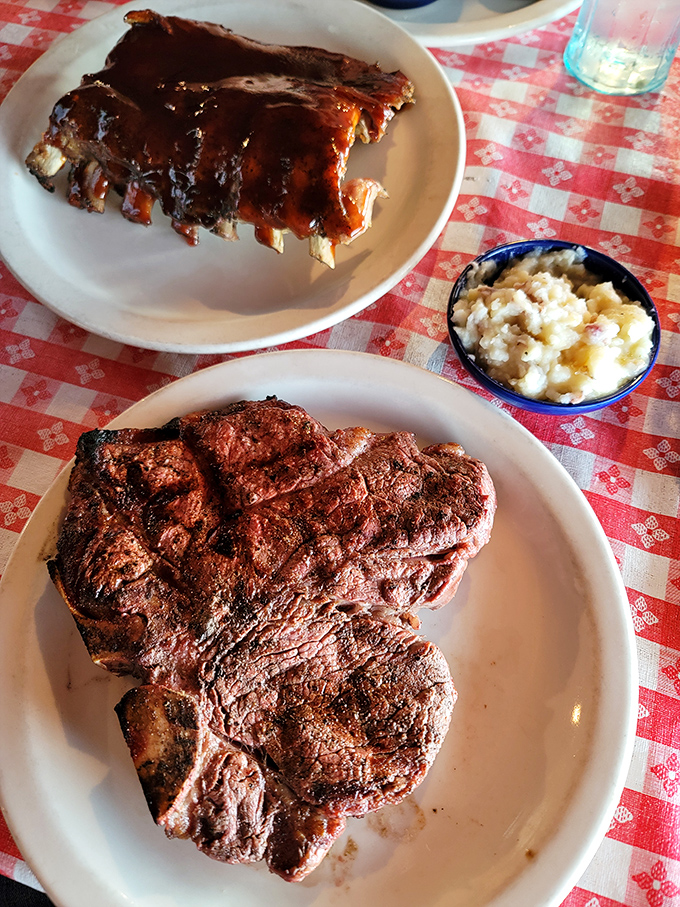 This isn't just dinner; it's a carnivore's dream team&mdash;a T-bone steak and ribs sharing a plate like old friends at a reunion.