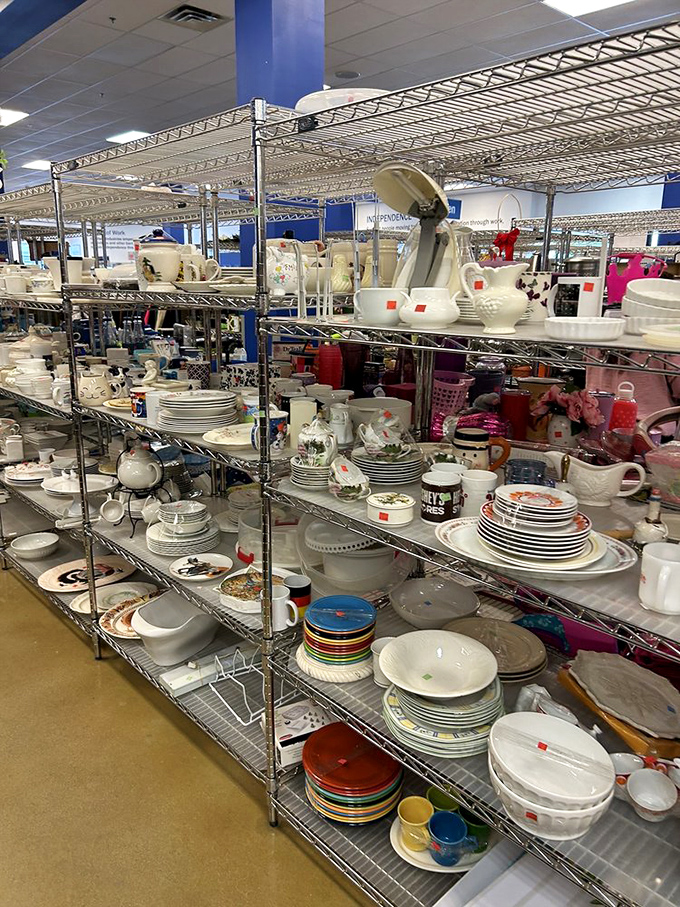 Dish paradise! Every plate tells a story, and these shelves offer enough tableware to host a dinner party that would make Martha Stewart nod in approval.