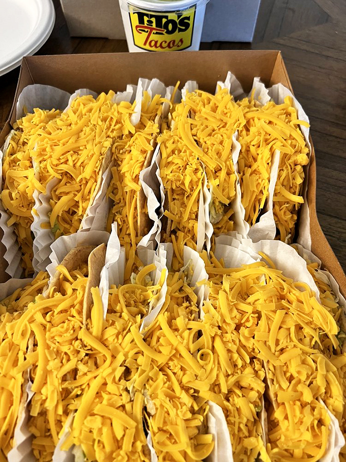 Mountains of shredded cheese that would make Wisconsin proud. Tito's signature tacos are a study in beautiful simplicity.