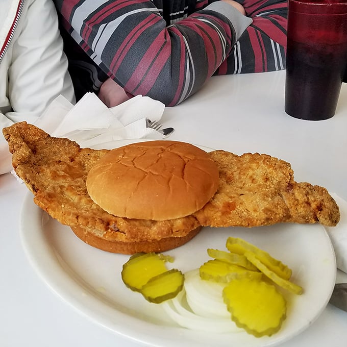 The legendary pork tenderloin &ndash; a golden-brown masterpiece that makes the bun look like it's playing a supporting role in an Iowa blockbuster.