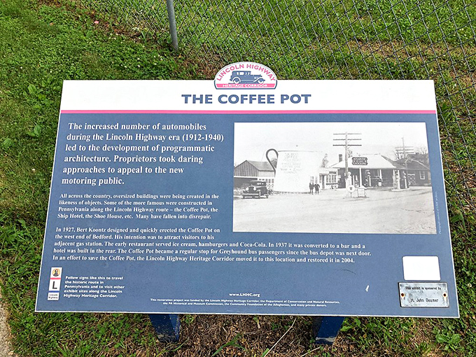 History percolates through this informative plaque, revealing how The Coffee Pot became an essential stop along the Lincoln Highway during America's early road-tripping days.