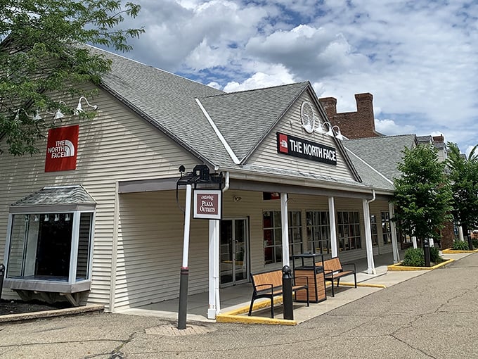 The North Face store looks like a cozy cabin where your wallet might get lighter, but your outdoor gear game gets significantly stronger.