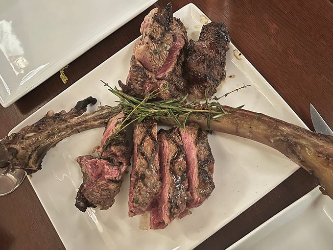 Behold the magnificent Tomahawk steak&mdash;a Fred Flintstone-worthy cut that's been expertly prepared to showcase both primal appeal and culinary finesse.