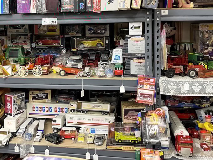 &ldquo;Vroom into memory lane.&rdquo; A shelf full of die-cast dreams where every miniature car whispers stories of open roads and full tanks.
