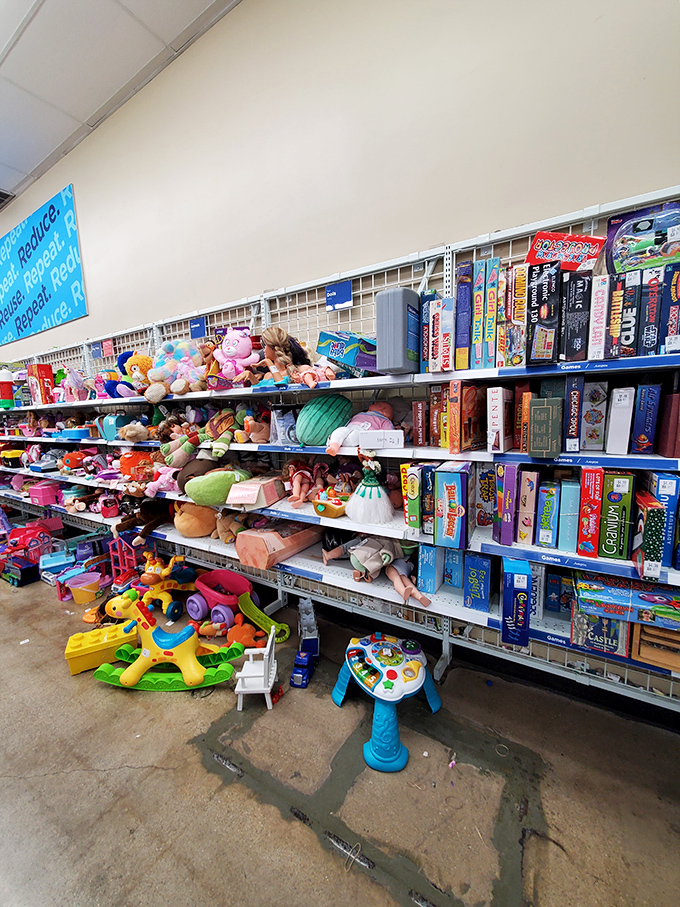 Childhood nostalgia overflows in the toy section. Stuffed animals seeking second chances sit alongside board games that have survived family game nights of decades past.