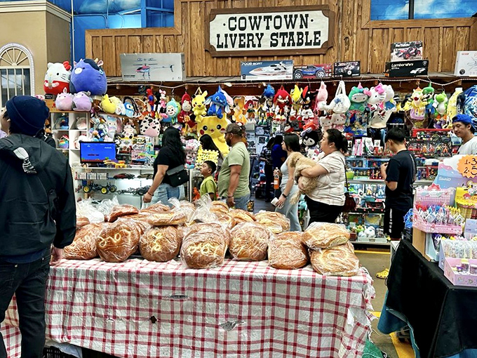 Giant stuffed characters and bread displays create the most delightfully random shopping backdrop you'll encounter this week.