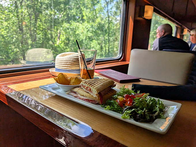 Who knew train sandwiches could look this good? Dining with a side of ever-changing scenery makes everything taste better—even that pickle.