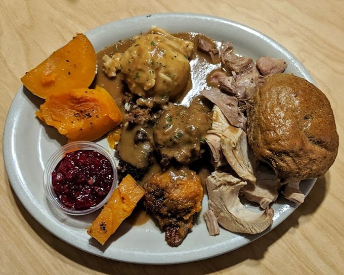Thanksgiving on a plate, any day you want it. Carol's turkey dinner features hand-carved meat, real cranberry sauce, and stuffing that would make your grandmother nod in approval.