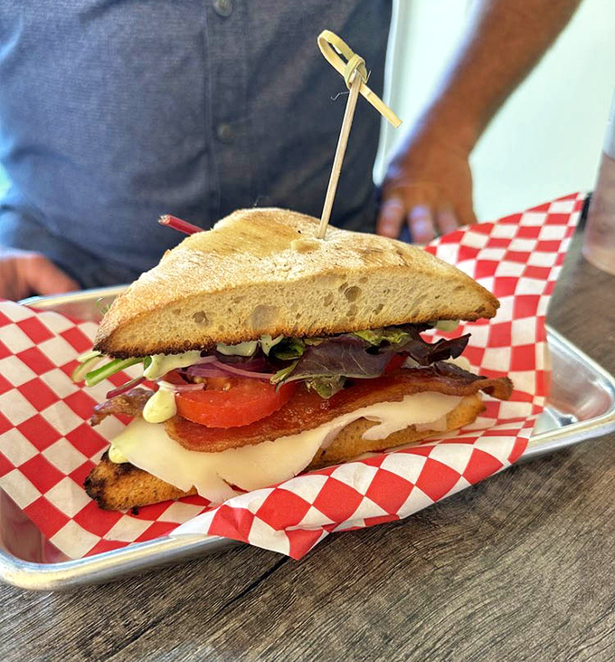 Architecture of deliciousness: perfectly toasted bread, layers of turkey, bacon, lettuce, and tomato creating the sandwich equivalent of the Sistine Chapel.