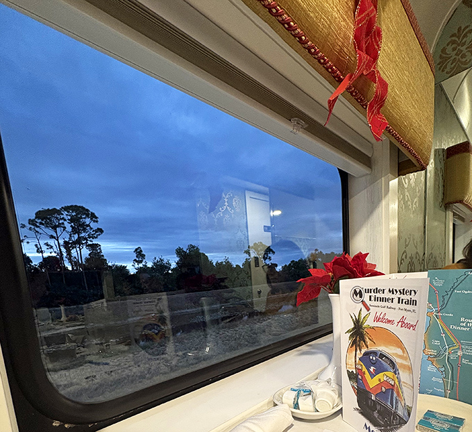 Window to another world: As twilight descends over Southwest Florida, the view from your dining car becomes nature's ever-changing canvas. 