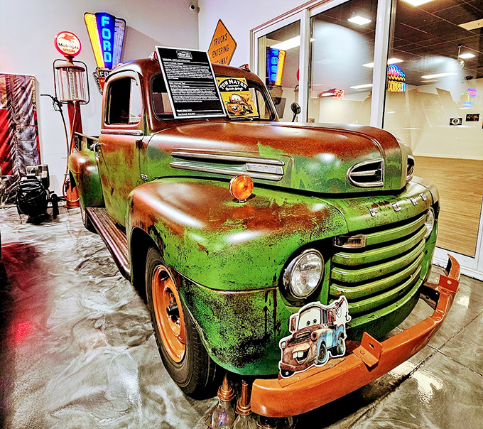 This weathered green Ford pickup wears its patina like badges of honor. Mater from "Cars" would be proud to call this beauty a cousin.
