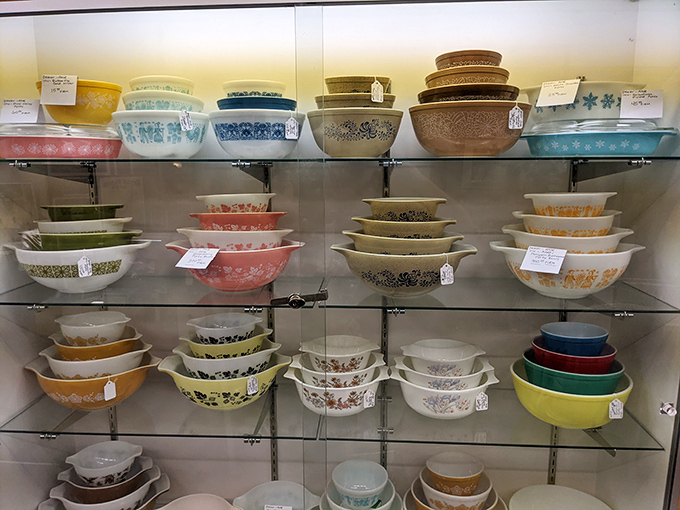 Pyrex paradise! These colorful vintage bowls have witnessed more family recipes and holiday disasters than a multigenerational cookbook ever could.